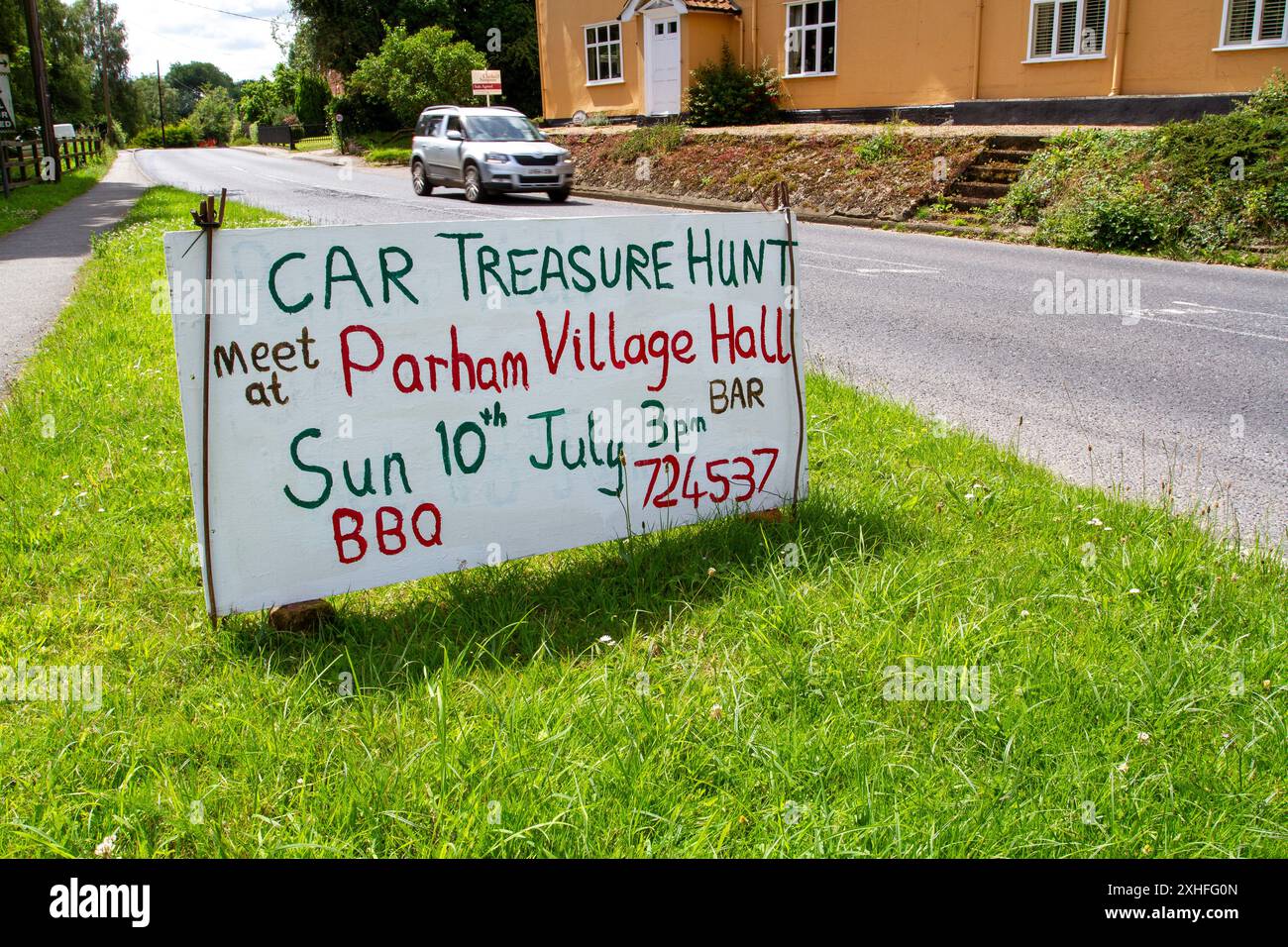 Roadside sign in Parham a Suffolk village advertising a July Sunday ...