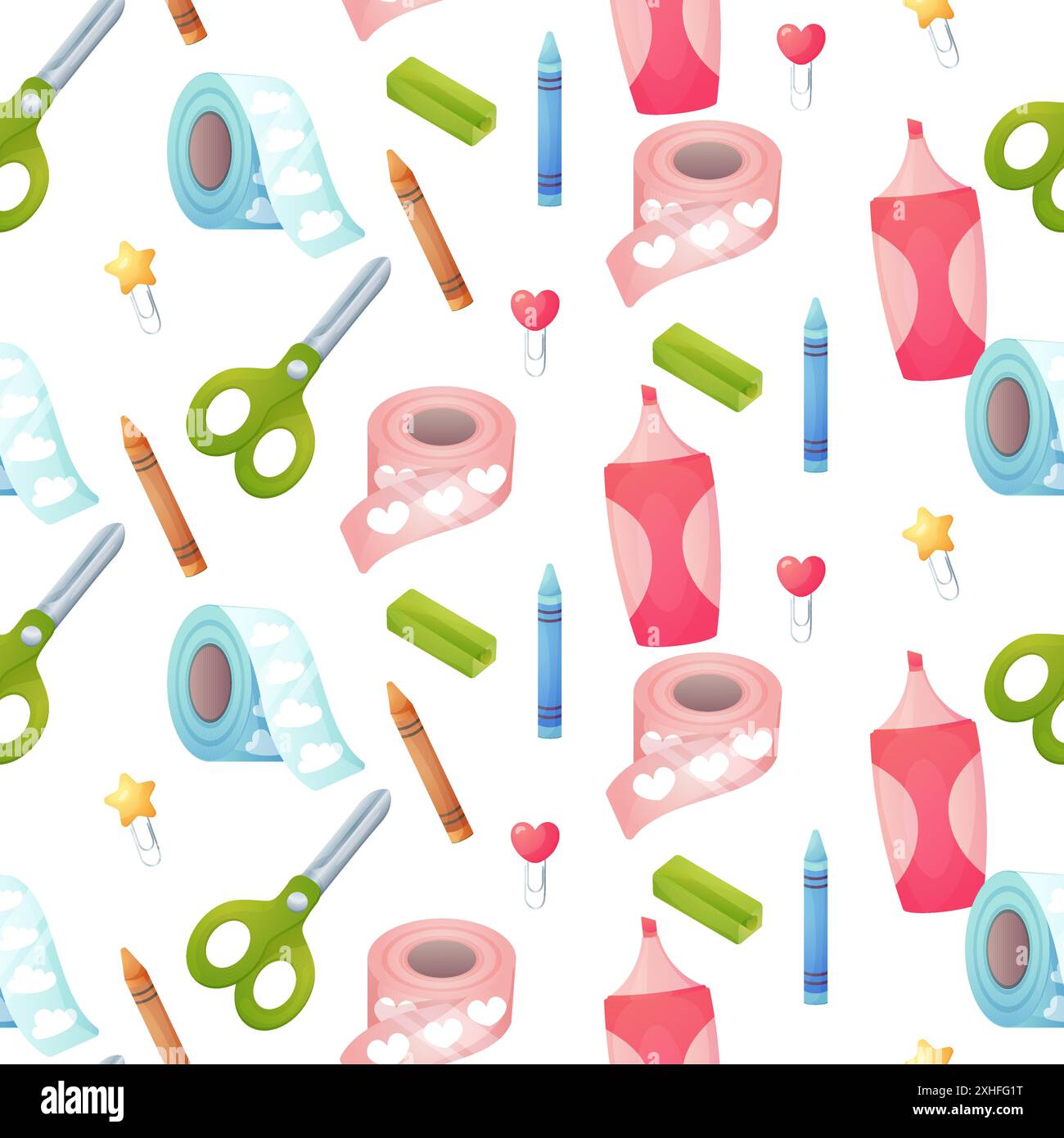 Seamless pattern,writing stationery,pen,scissors,crayons Cartoon and ...