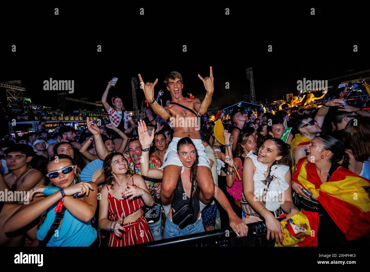 Split, Croatia. 14th July, 2024. Revellers dance as DJ W&W performs ...