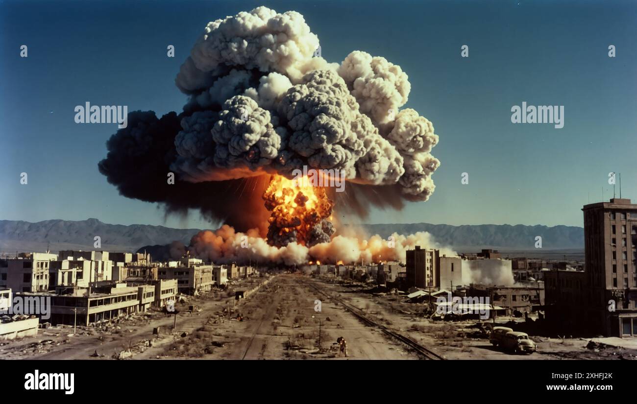 Nuclear bomb explosion, nuclear tests destroyed city view from plane ...