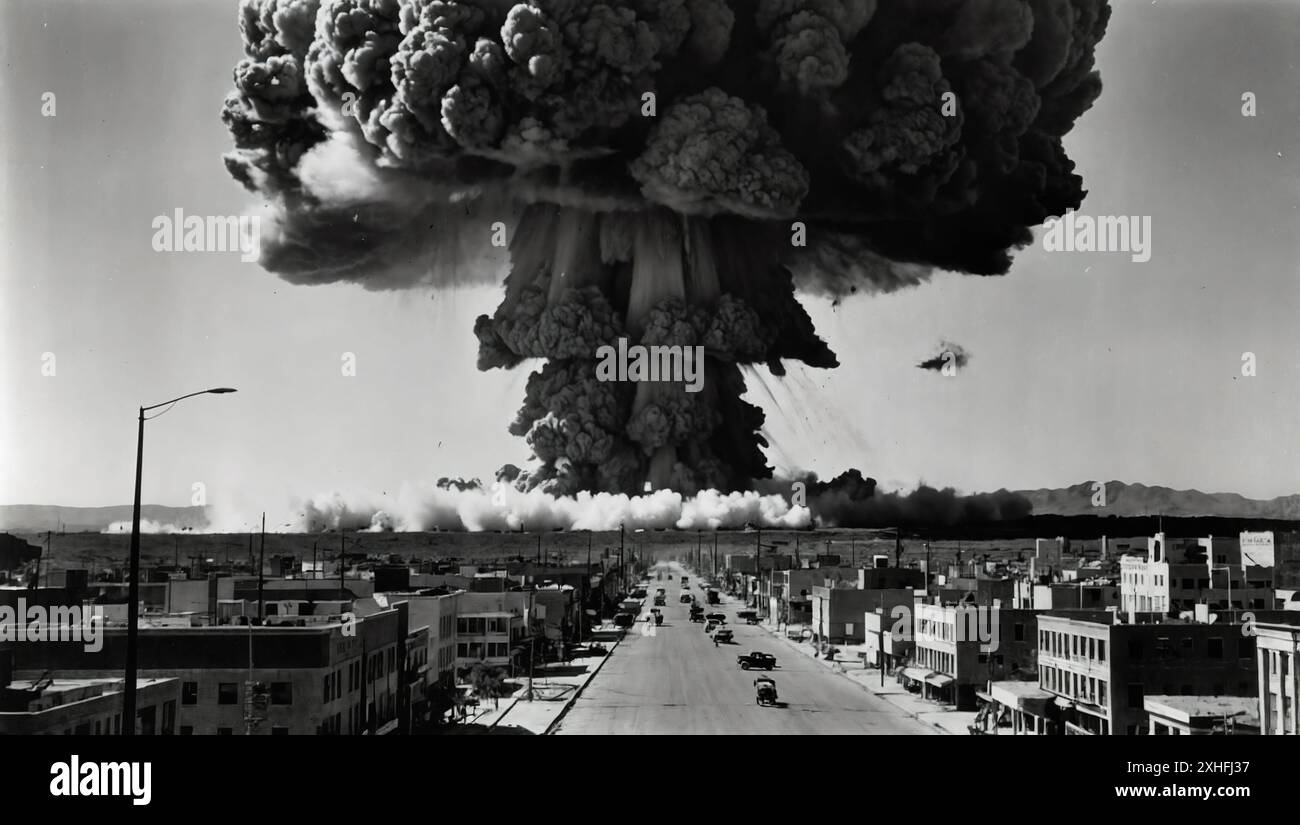 Nuclear bomb explosion, nuclear tests destroyed city view from plane ...