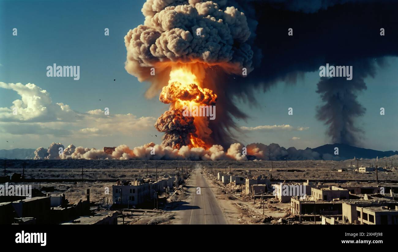 Nuclear bomb explosion, nuclear tests destroyed city view from plane ...
