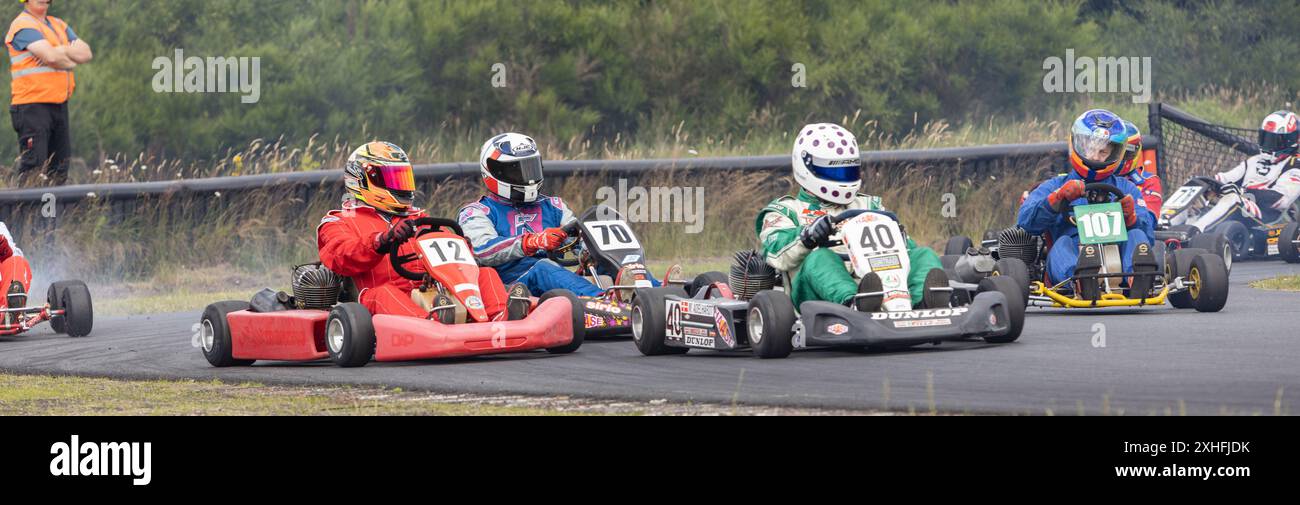 A group of go-kart drivers racing on a track with lush greenery in the ...