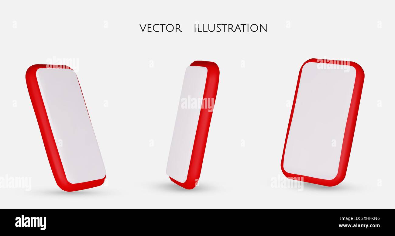 Set of red different angles of smartphone in 3d render with screen ...