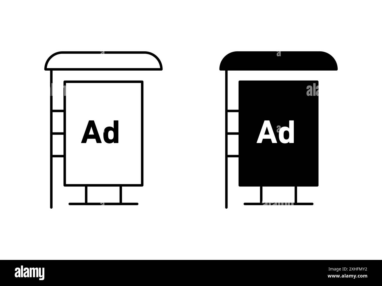 Bus stop shelter ad icon Black line art vector in black and white outline set collection sign ...
