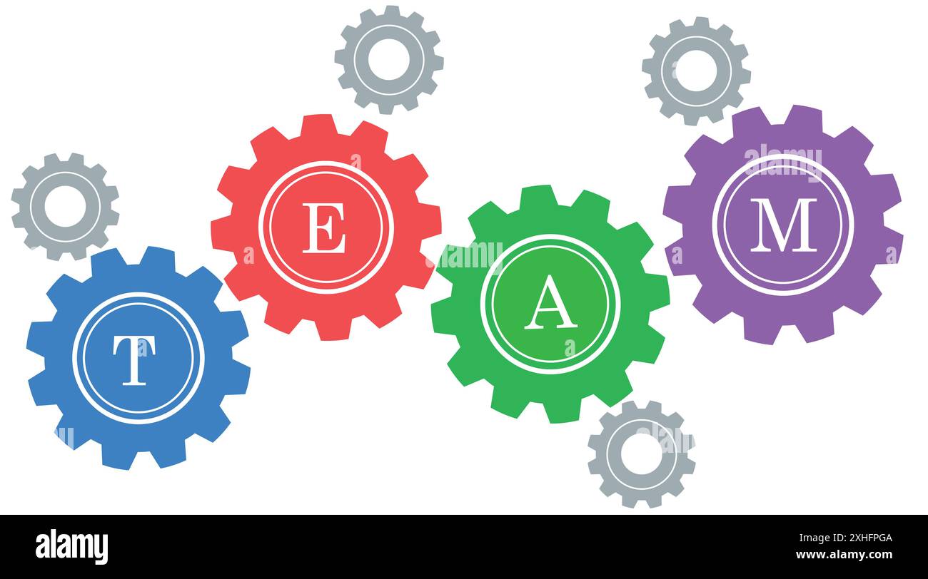 team work concept with multicolored gears, word lettering typography ...