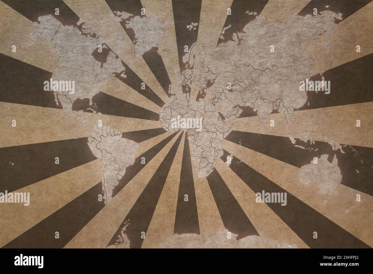 Retro style world map with sun beams printed on an old paper Stock ...