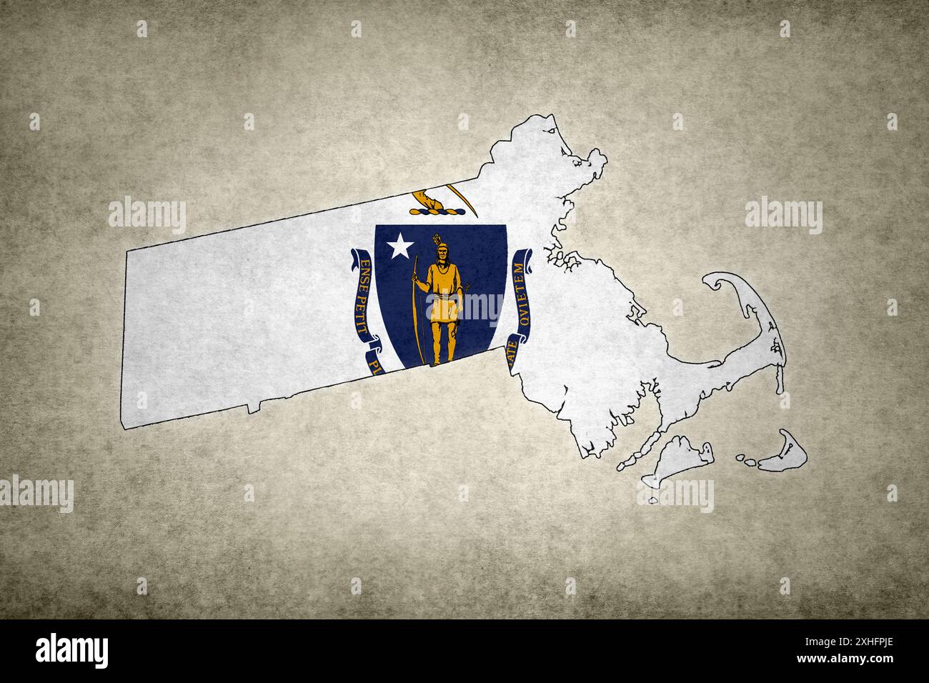 Grunge map of the state of Massachusetts (USA) with its flag printed ...