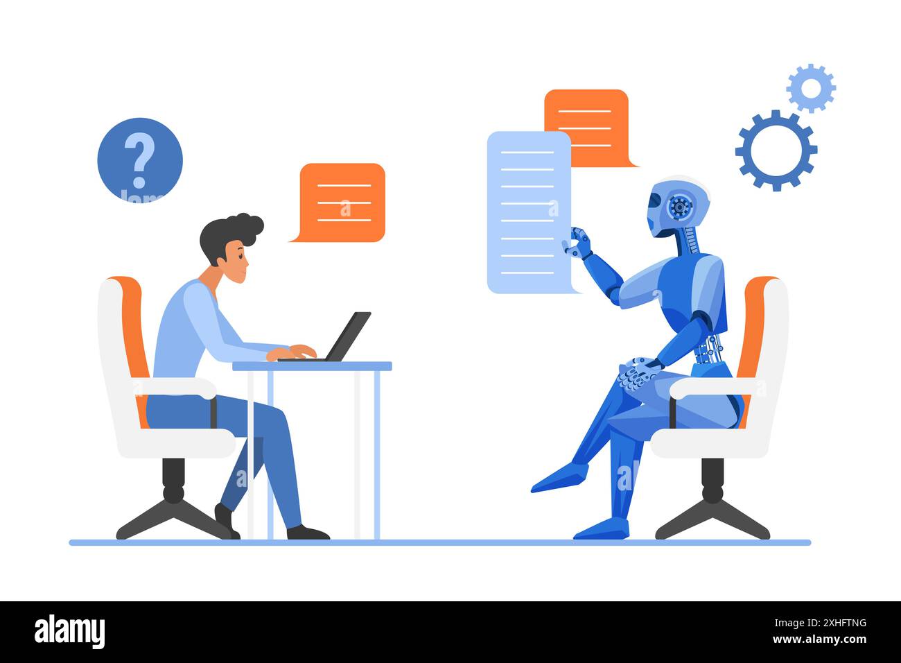 A human engaging in a dialogue with a chatbot, both seated and ...