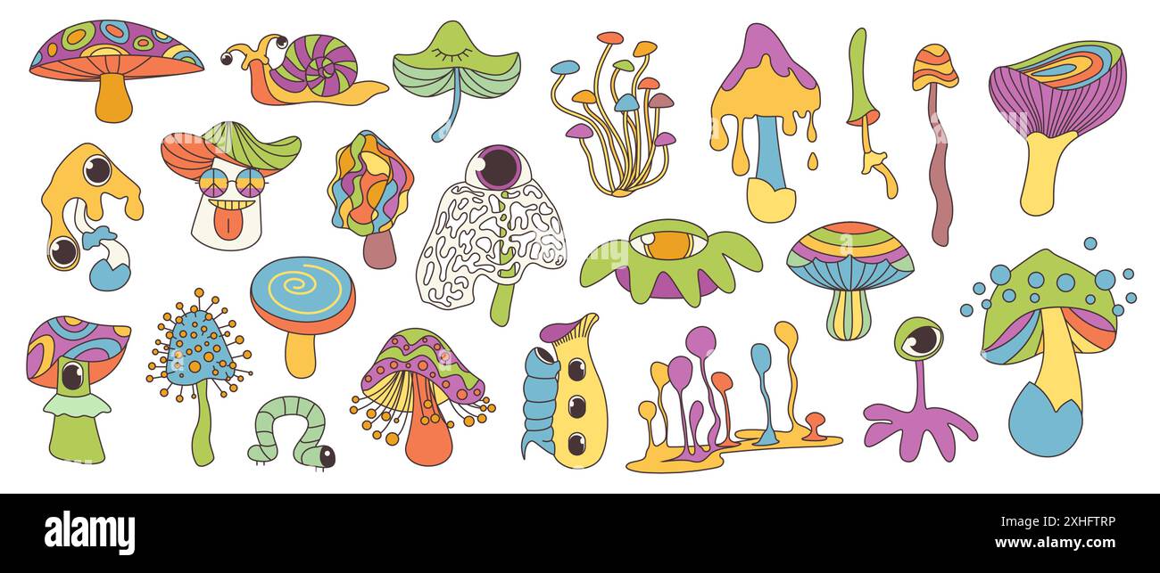 Groovy cartoon psychedelic mushrooms set. Funny retro surreal shrooms ...