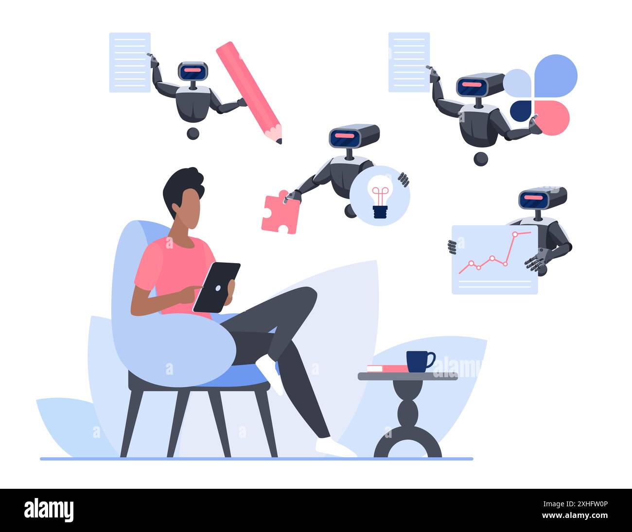 Writer using a tablet, collaborating with multiple chatbots performing ... Writer using a tablet, collaborating with multiple chatbots performing ...