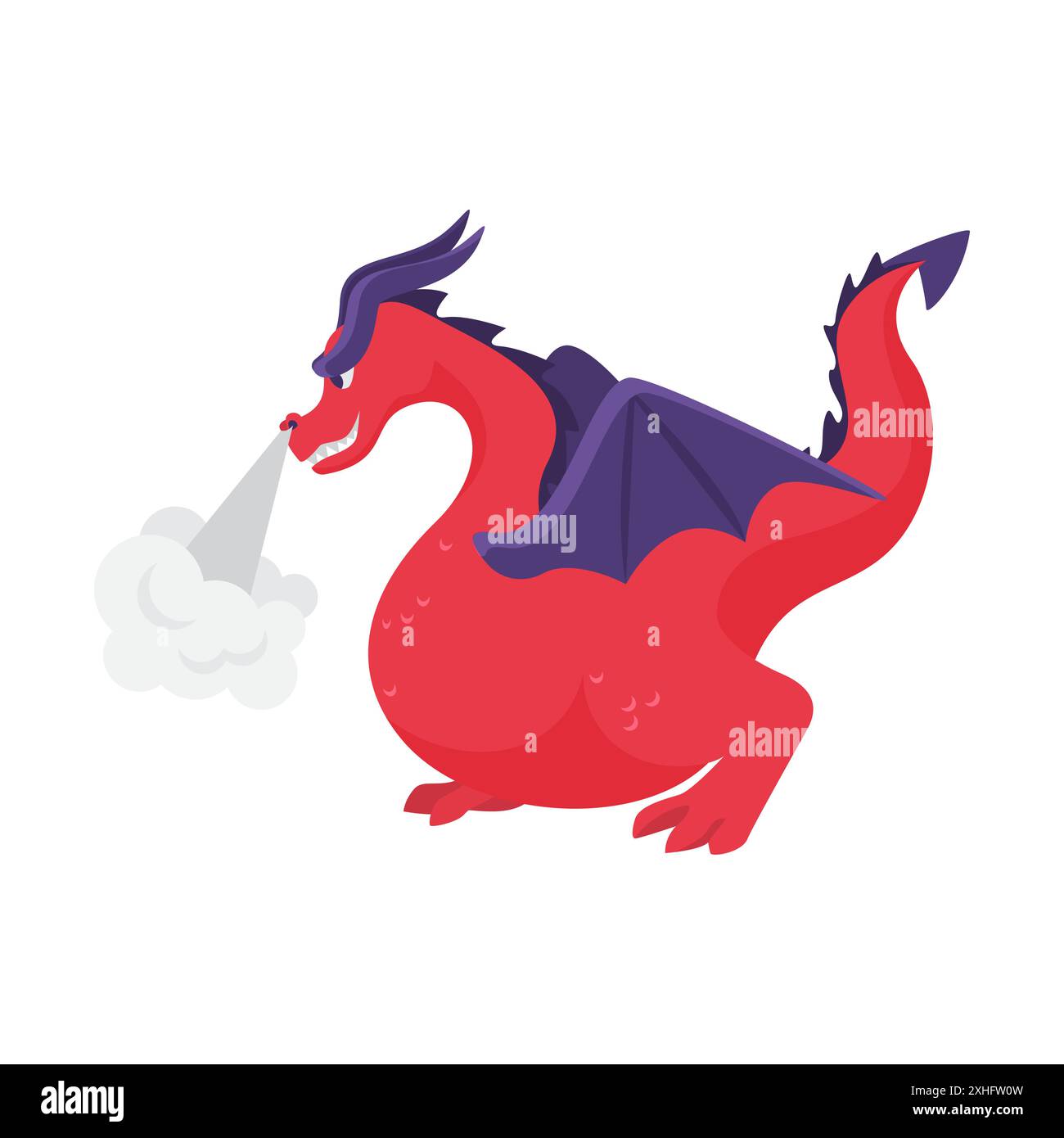 Fantasy red dragon with purple wings and steam, fairytale creature of ...