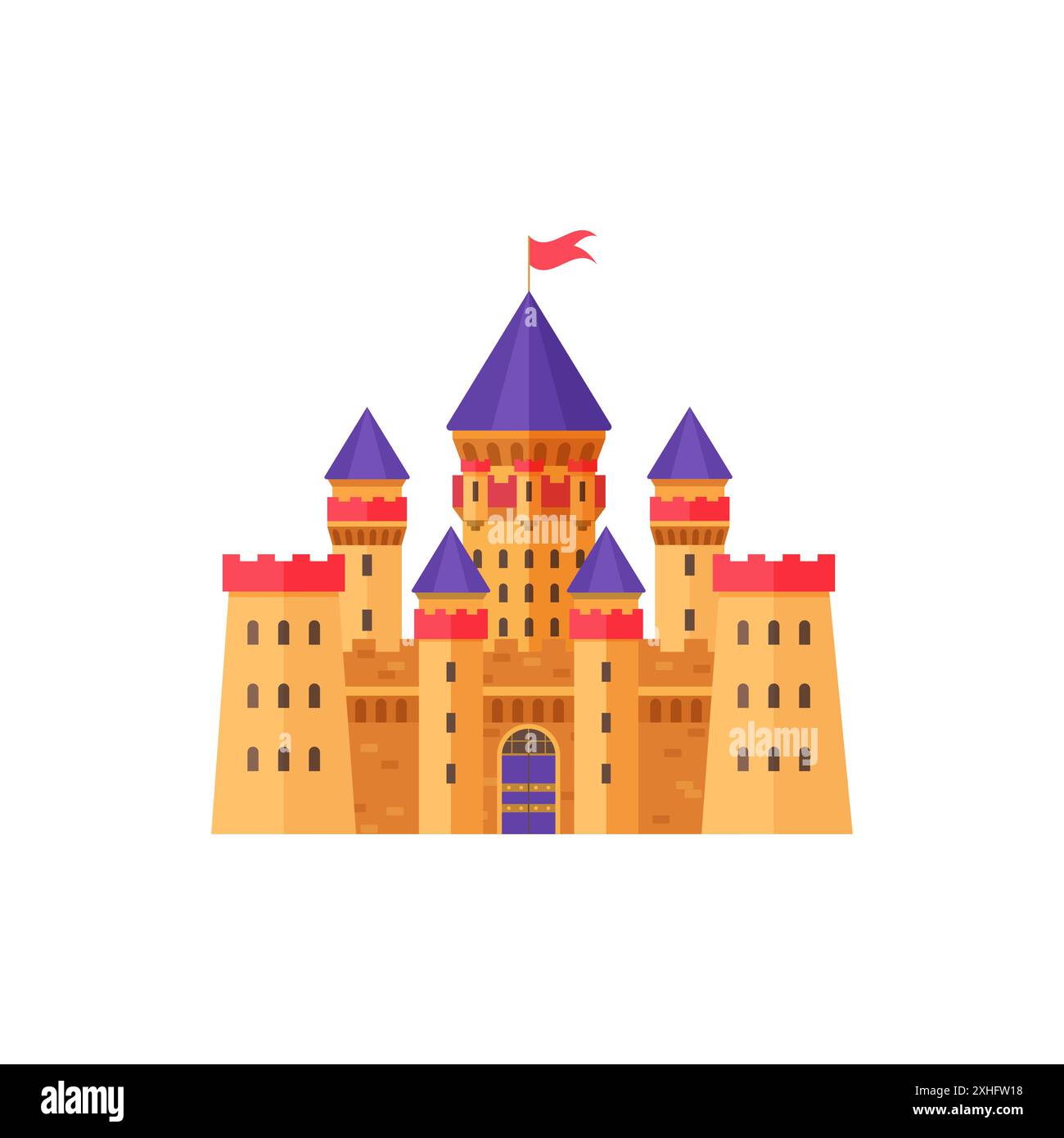 Medieval yellow castle towers of kingdom with red flag, windows and door vector illustration ...