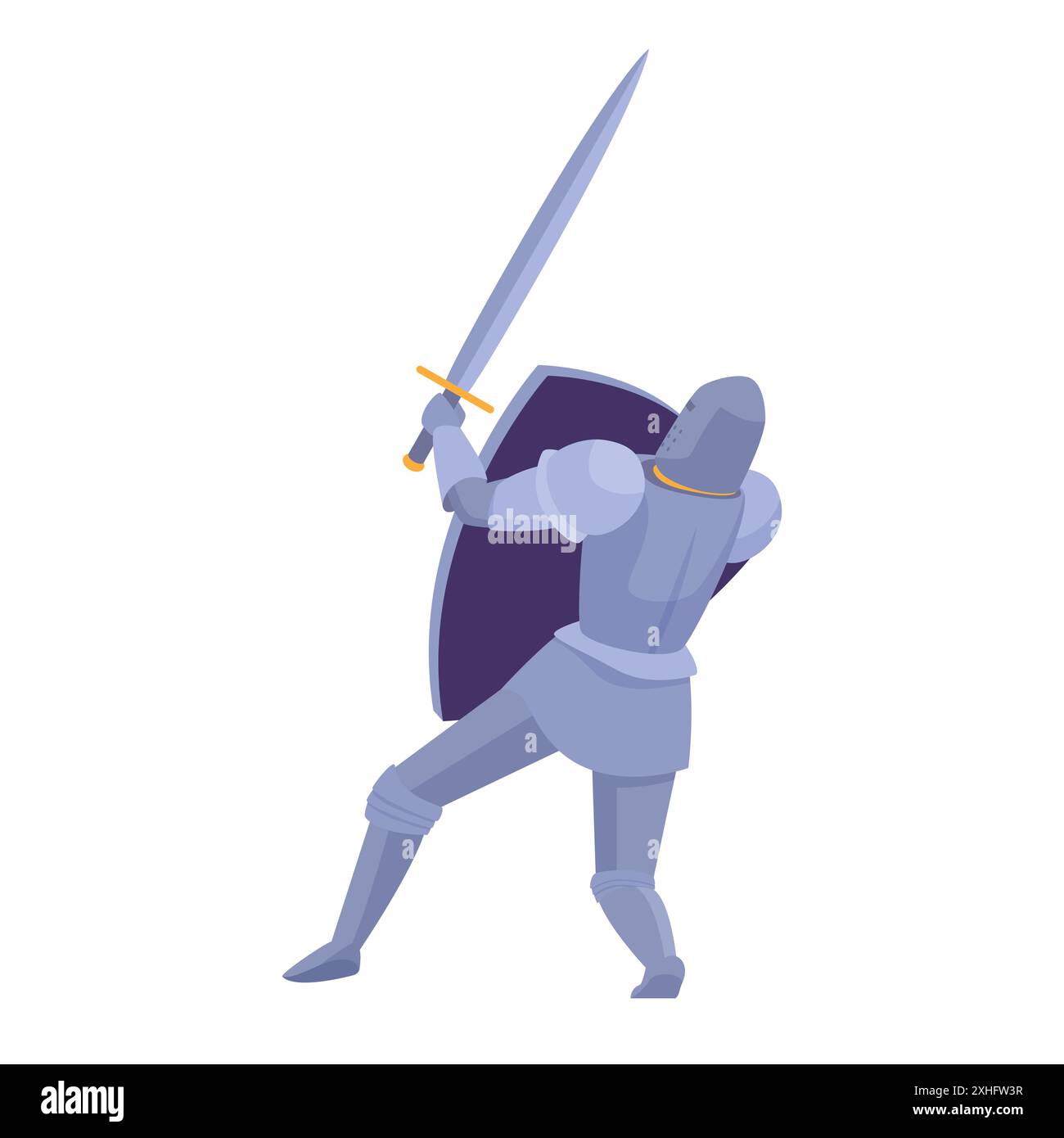 Medieval knight in metal armor standing in defense pose with sword and ...