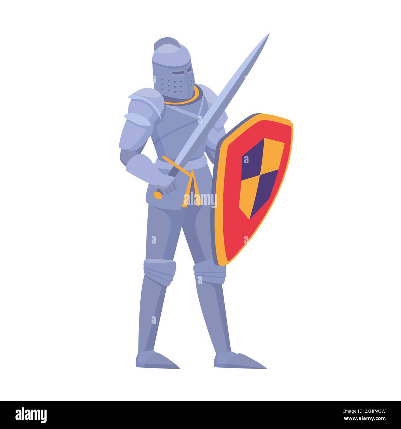 Medieval knight in metal armor holding a rd and shield with heraldic ...