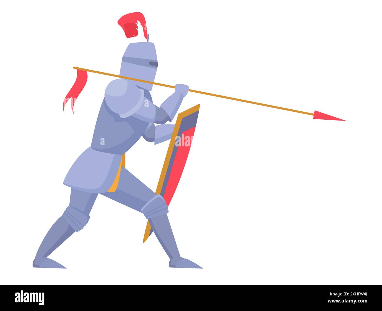 Medieval knight in metal armor standing in attack pose with spear and sword vector illustration ...