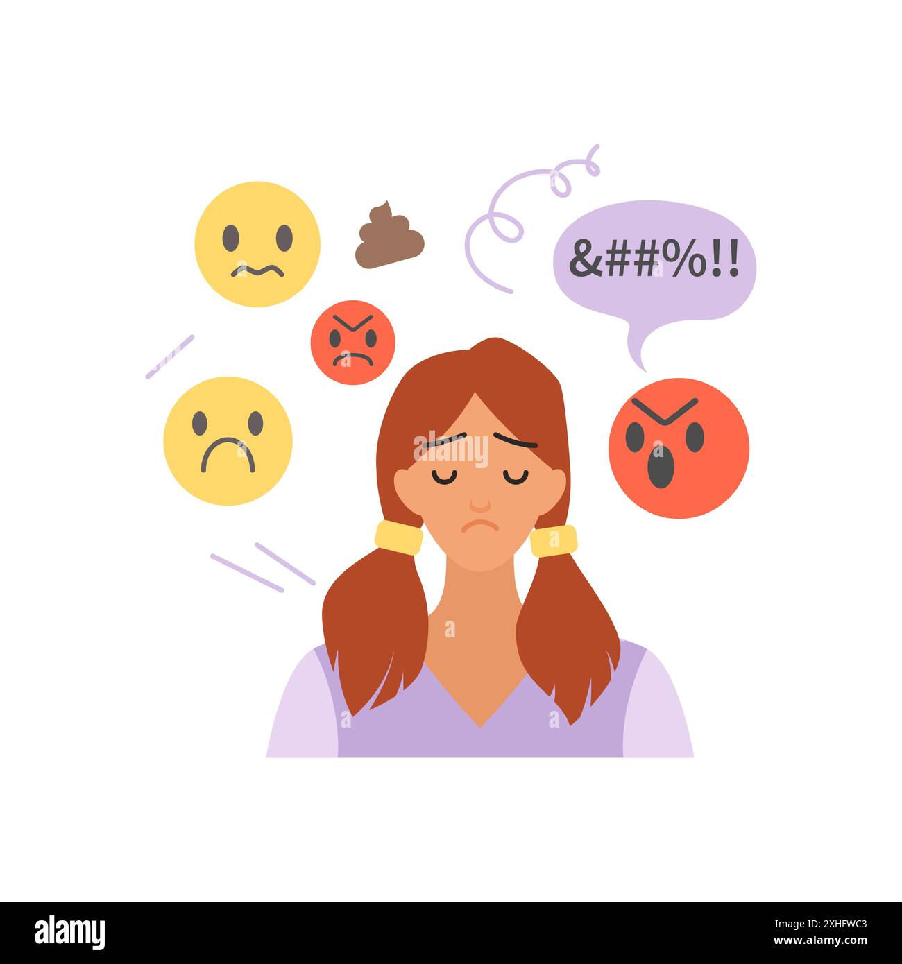 Sad girl suffering from bullying, negative and angry emoji swear vector ...