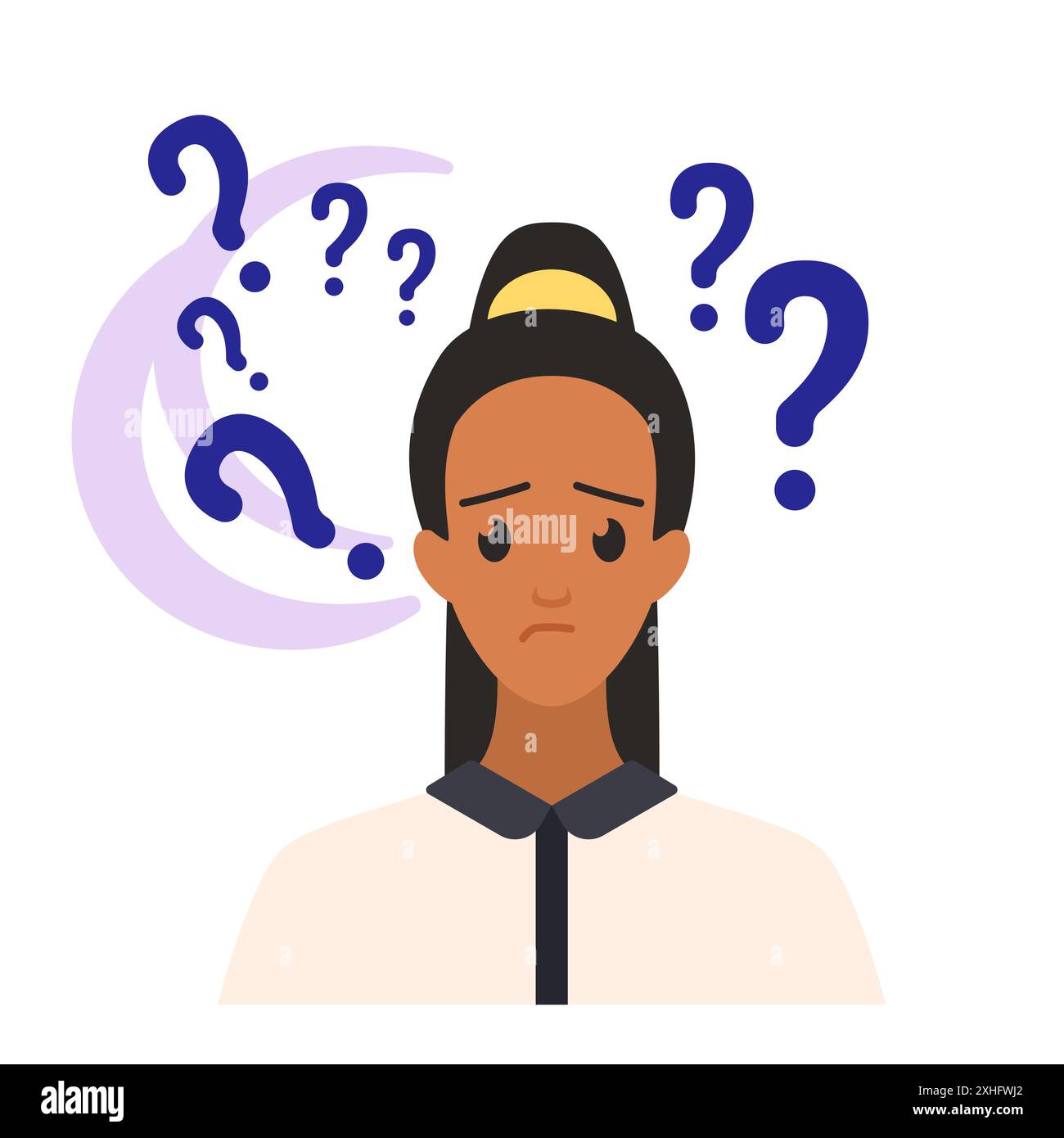 Girl with doubts and anxiety standing with question marks above head ...