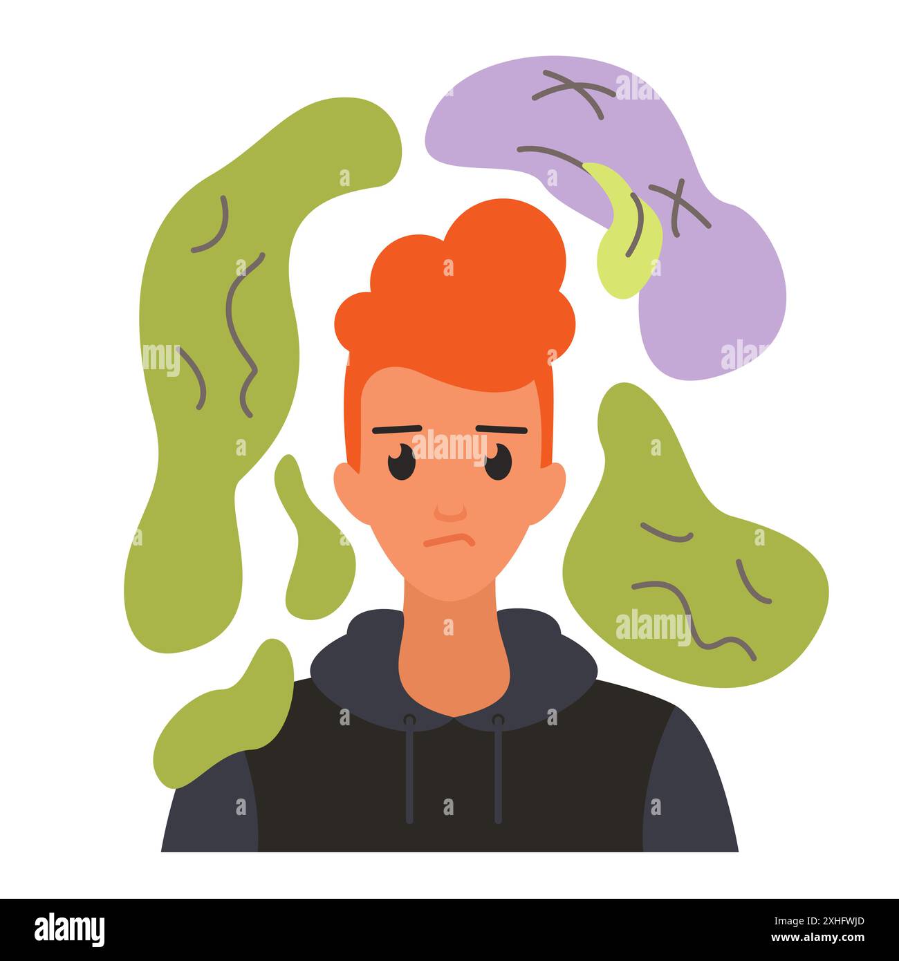 Young man suffering from toxic negative thoughts and melancholy vector ...