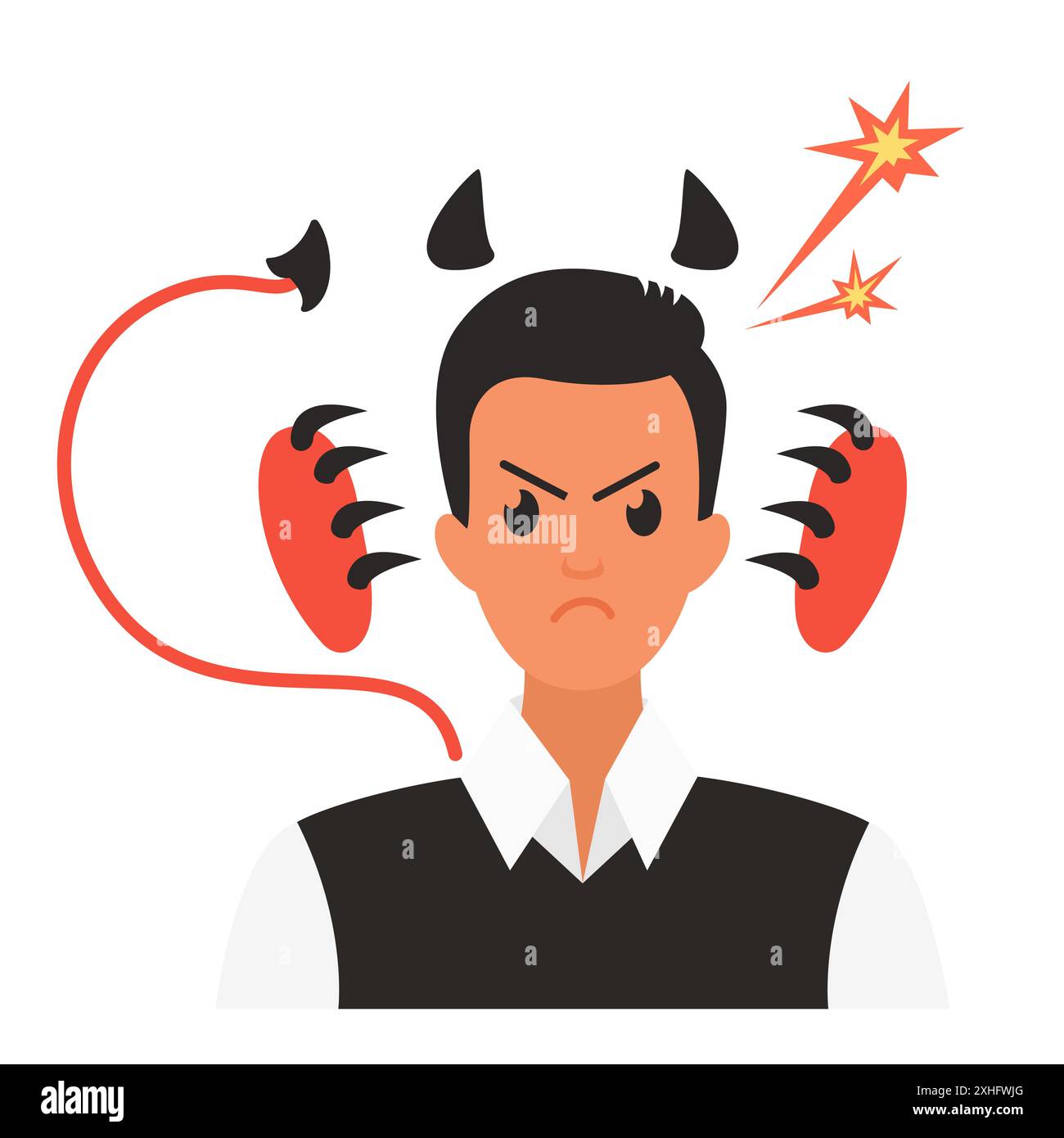 Man with horns and devils tail feeling anger and rage, hate emotion ...