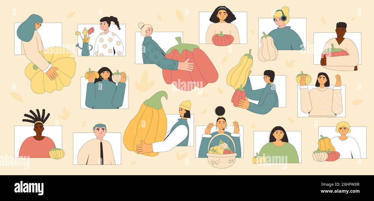 Harvest festival at farm. People with pumpkins set. Autumn ripe ...