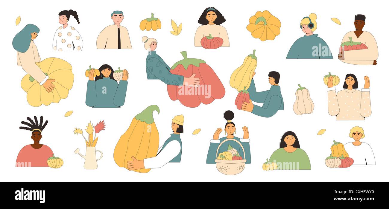 People with pumpkins set. Autumn ripe vegetables harvest characters ...