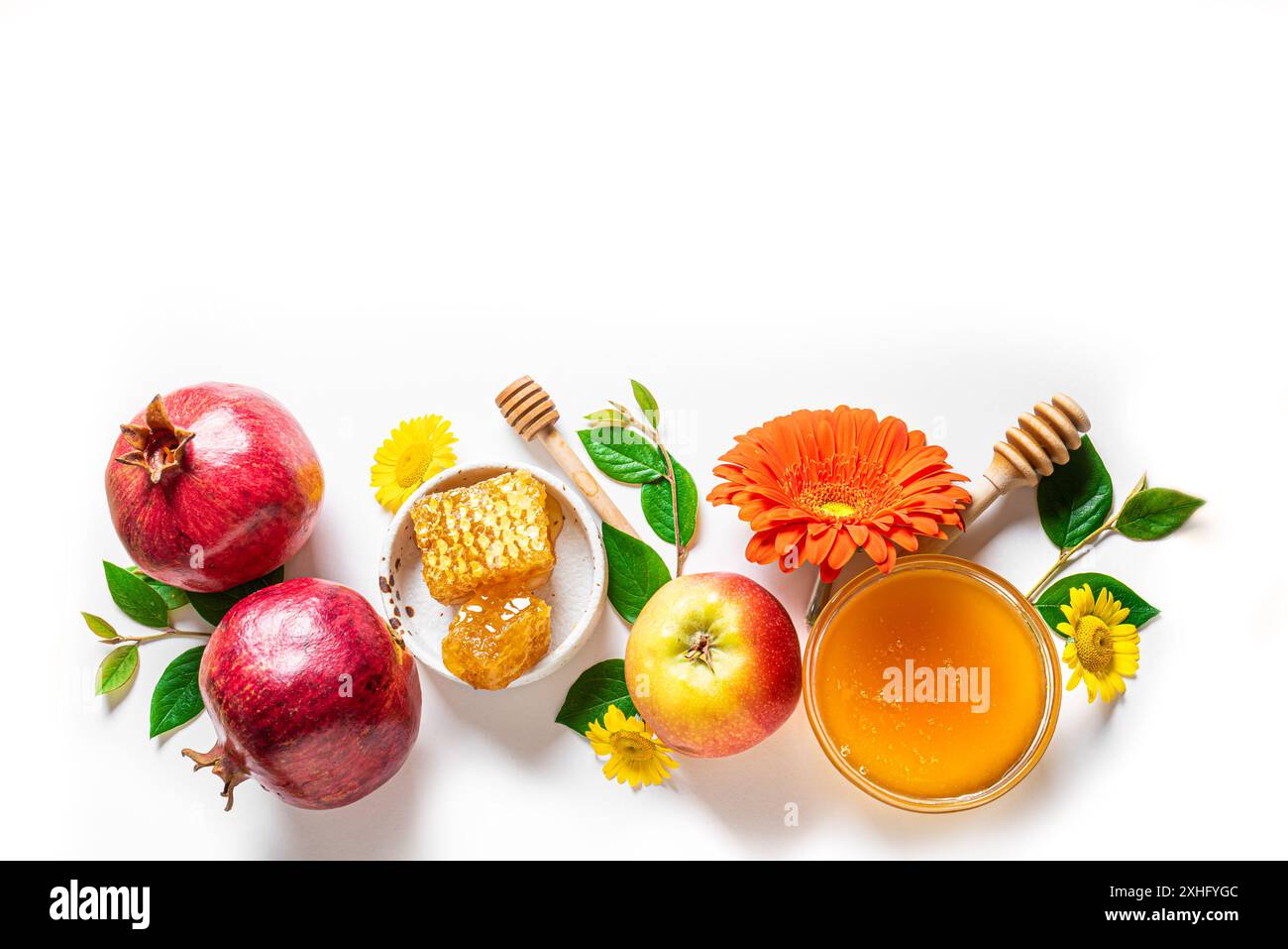 Rosh Hashanah jewish New Year holiday concept. Creative design template of traditional symbols ...