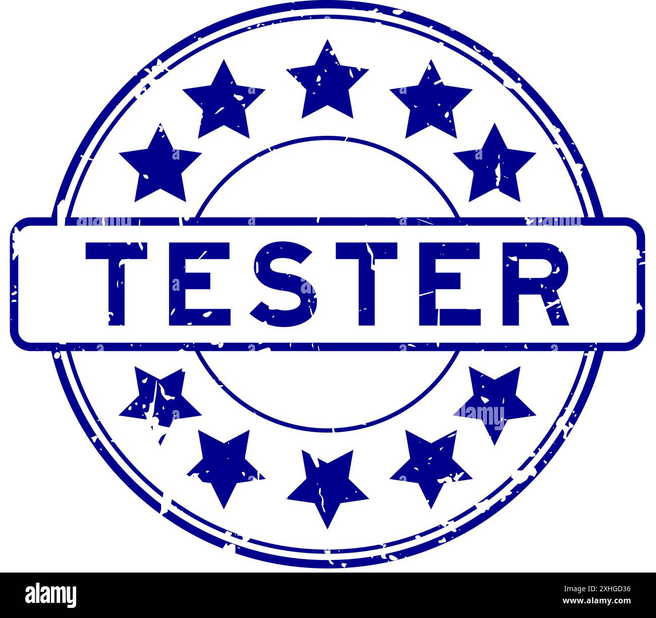 Grunge blue tester word with star icon round rubber seal stamp on white ...