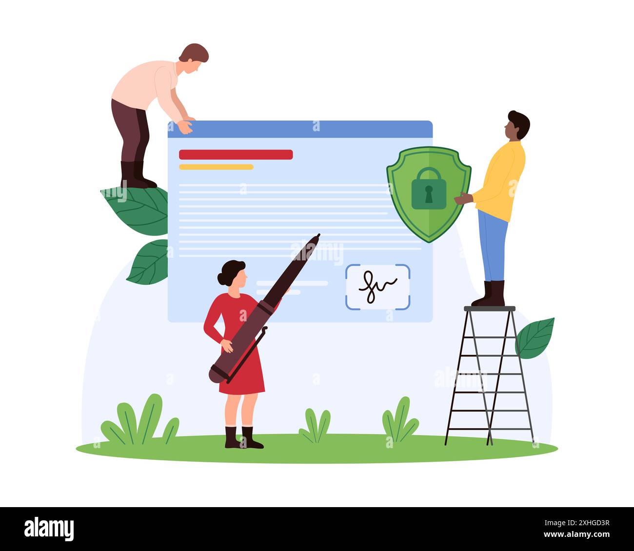 Digital signature security, personal data protection. Tiny people sign ...