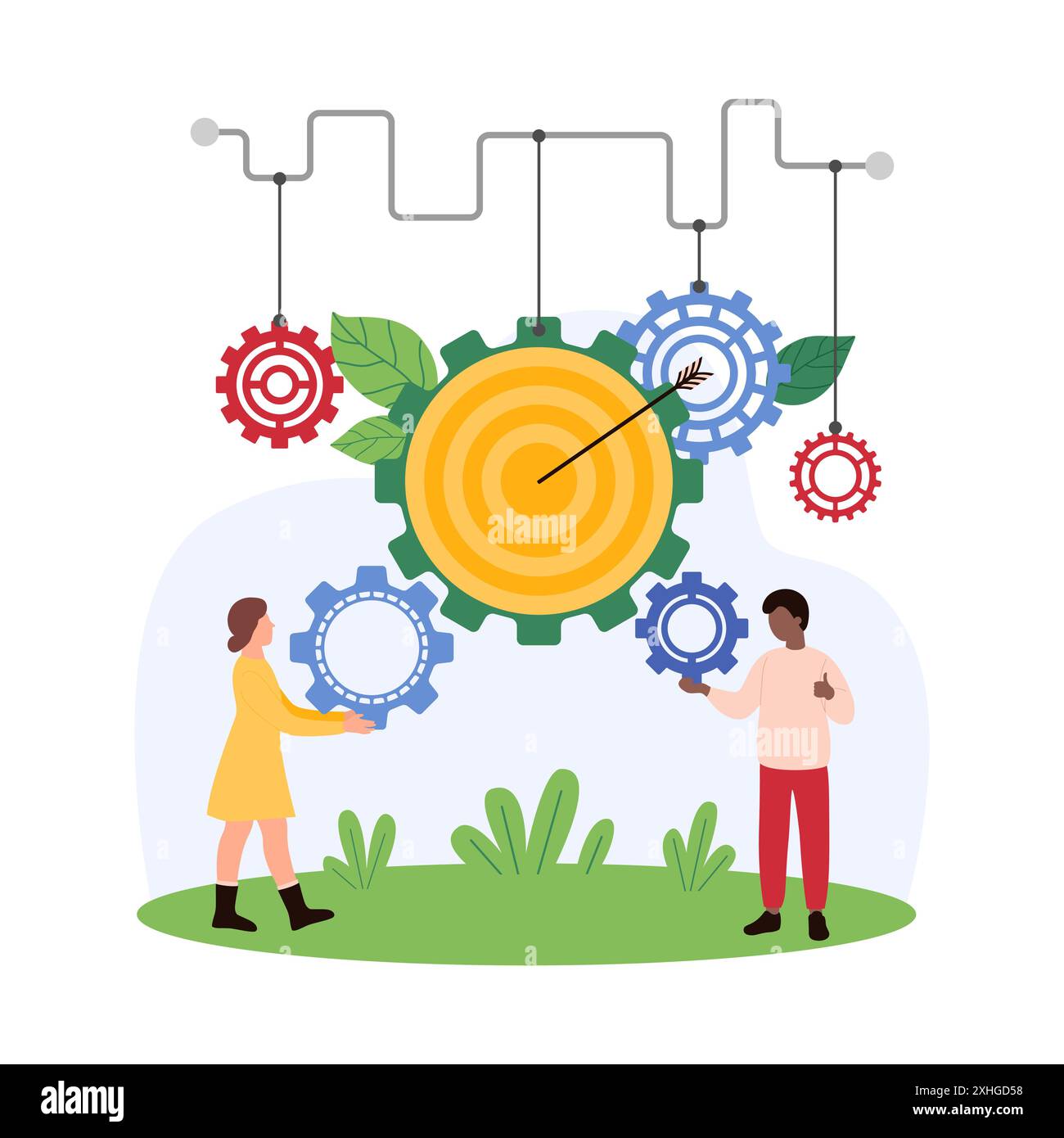 Focus on project success and cooperation progress, effective partnership. Tiny people holding ...