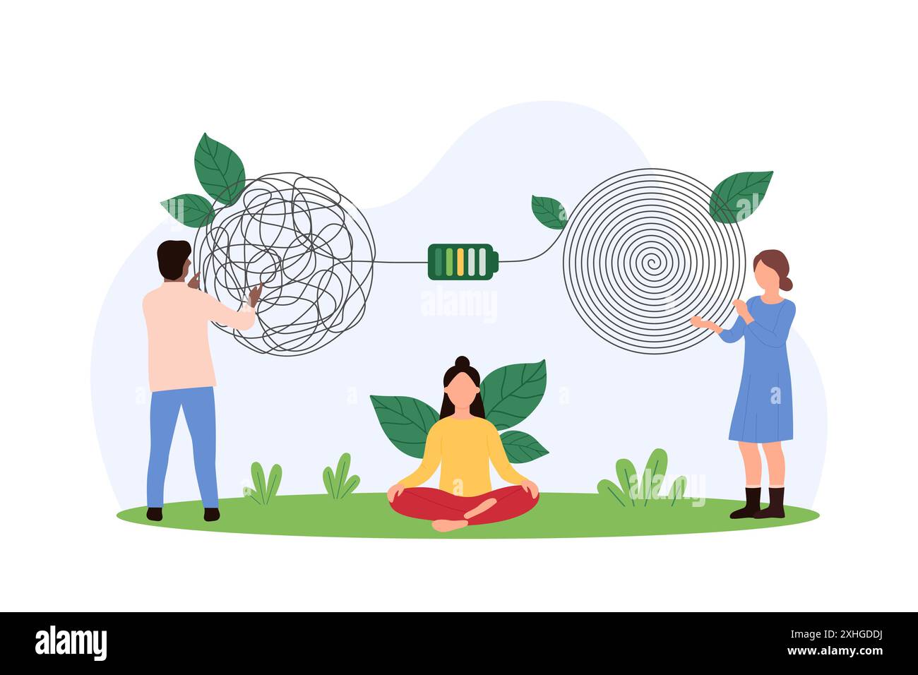 Meditation to clear mind, mental health. Tiny people holding knots of ...