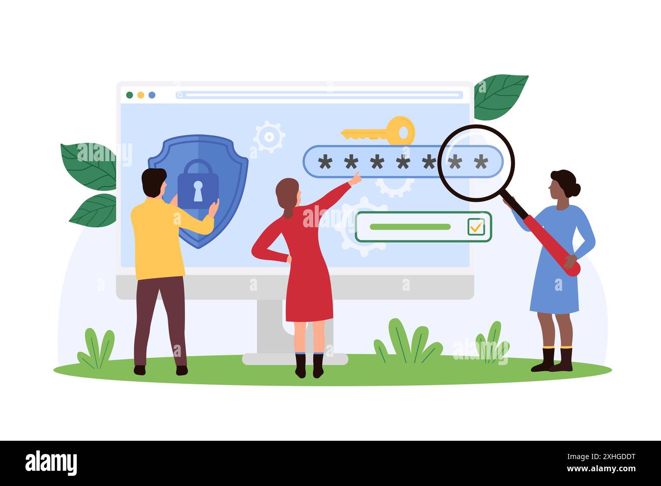 Online security, safe analysis of website protection and access to personal data. Tiny people ...