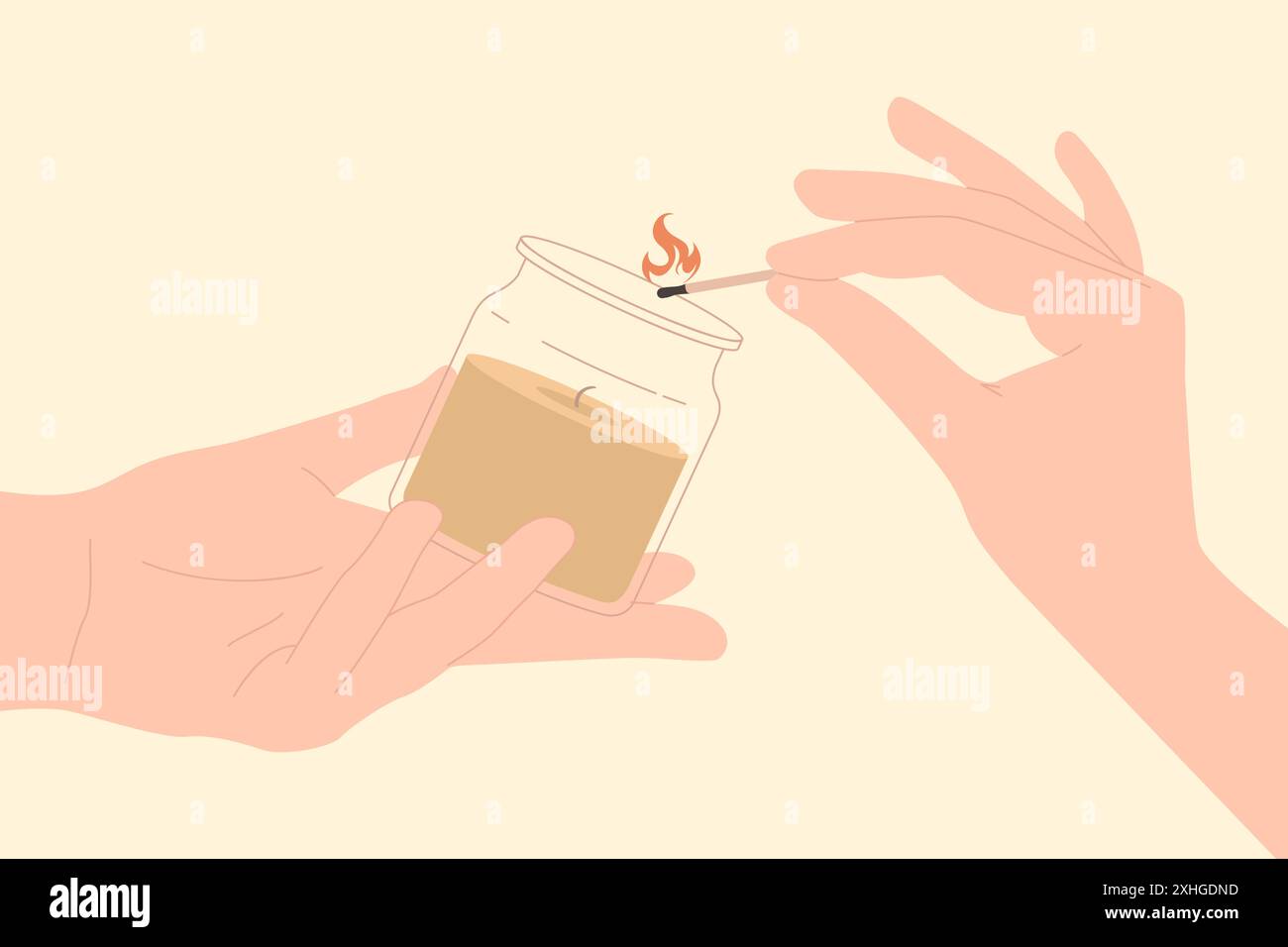 Hands holding scented candle with clear glass and match with fire to ...