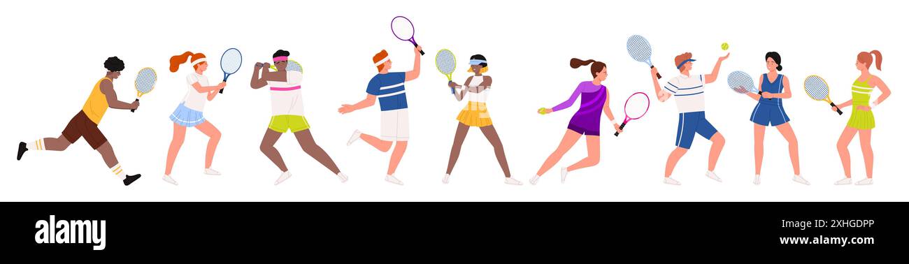 People play tennis set, actions of female and male players on court ...