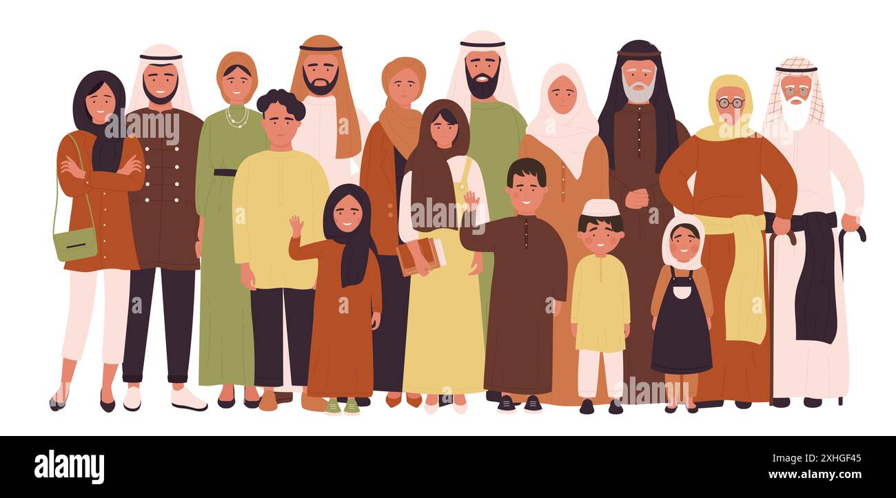 Arab big family of generations standing together. Portrait of happy ...