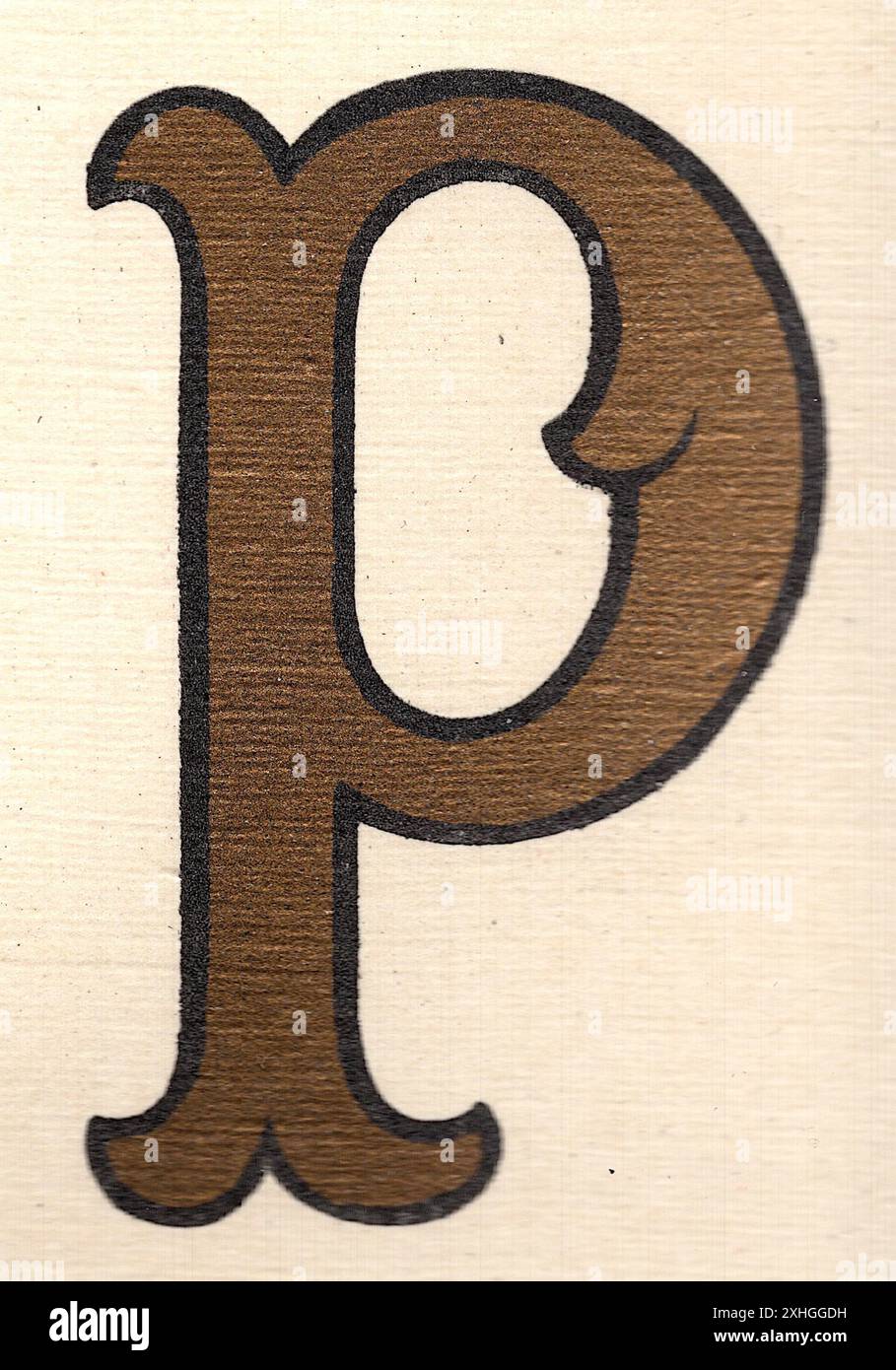 A decorative antique capital letter P in gold with a black outline on a ...