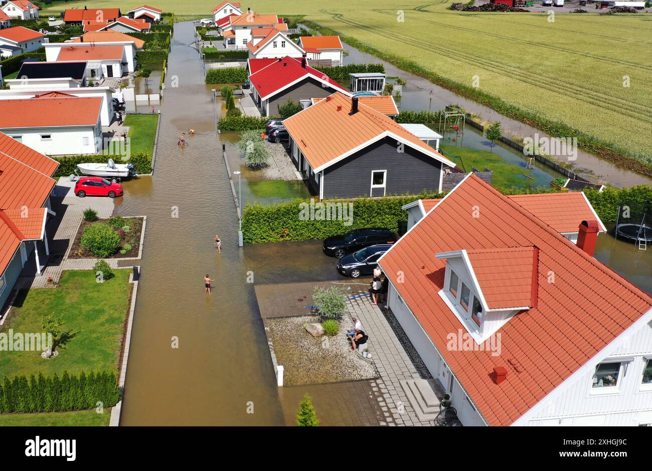 Aerial view over flooded areas after heavy rainfall, Mantorp, Sweden ...