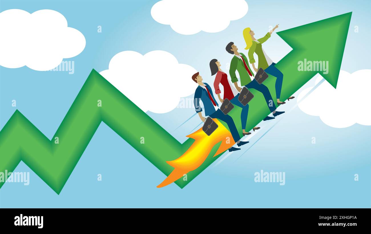 Group of businesspeople flying up on arrow rocket. Dimension 16:9 ...