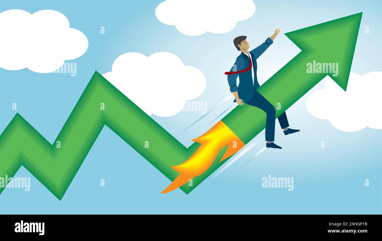 Businessman flying on green arrow rocketship. Dimension 16:9. Vector ...