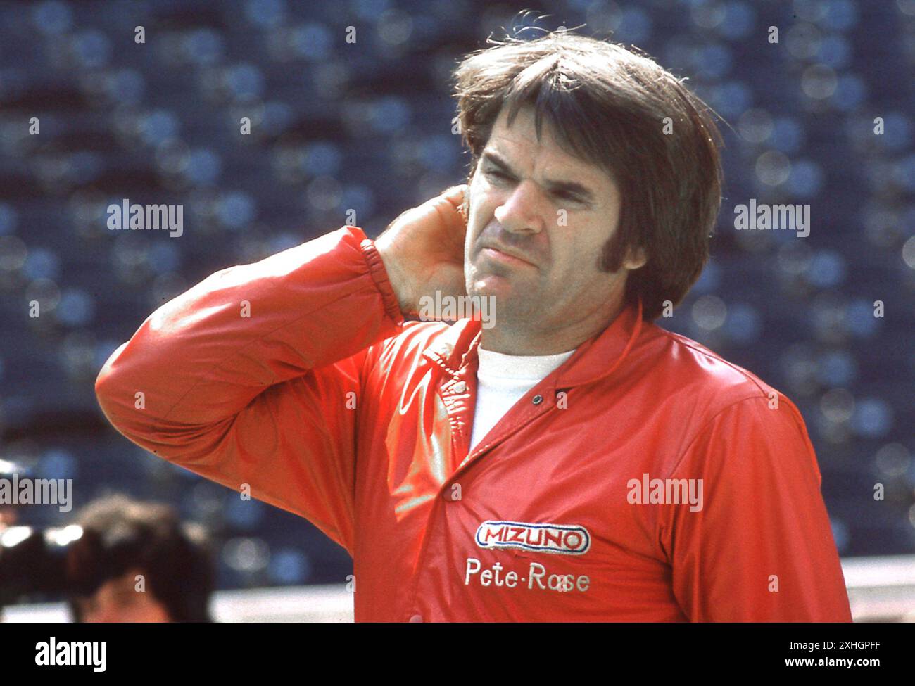 Baseball player Pete Rose in 1979 warming up before a came in ...
