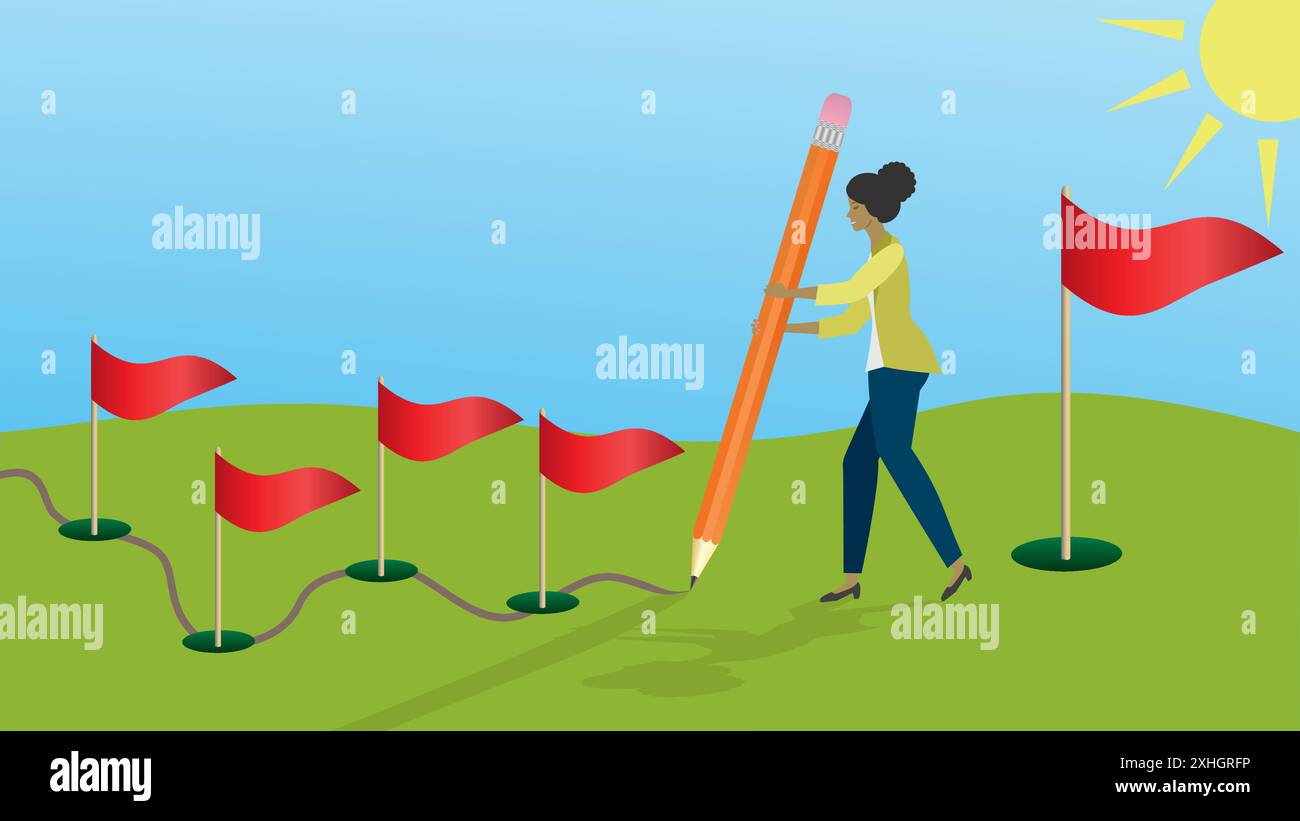 Woman planning her road to big goal from small goals. Dimension 16:9 ...