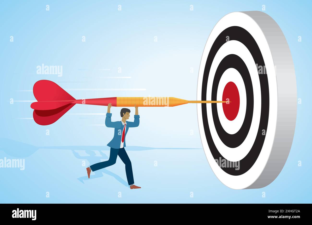 Man running with arrow towards bulls eye on dart board. Dimension 16:9 ...