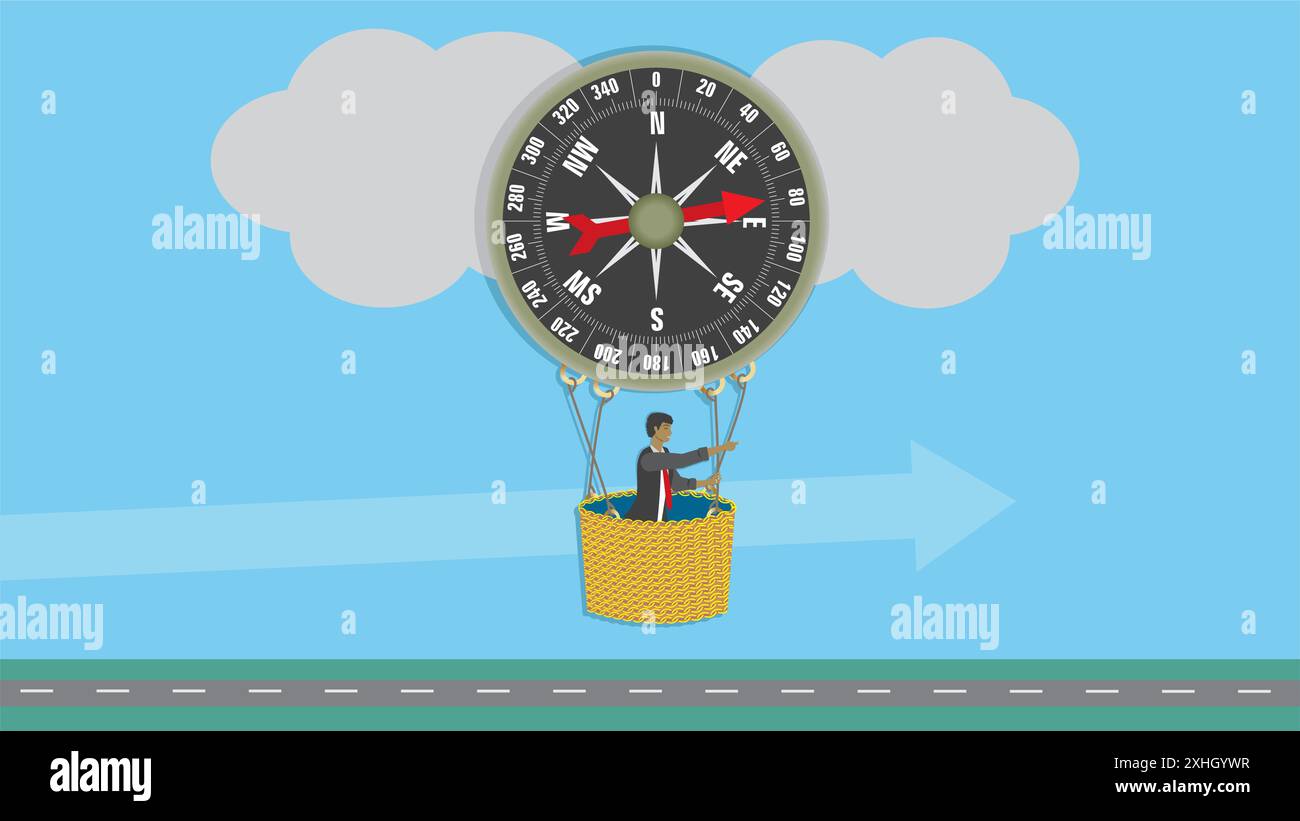 Man flying hot air balloon with compass. Dimension 16:9. Vector ...