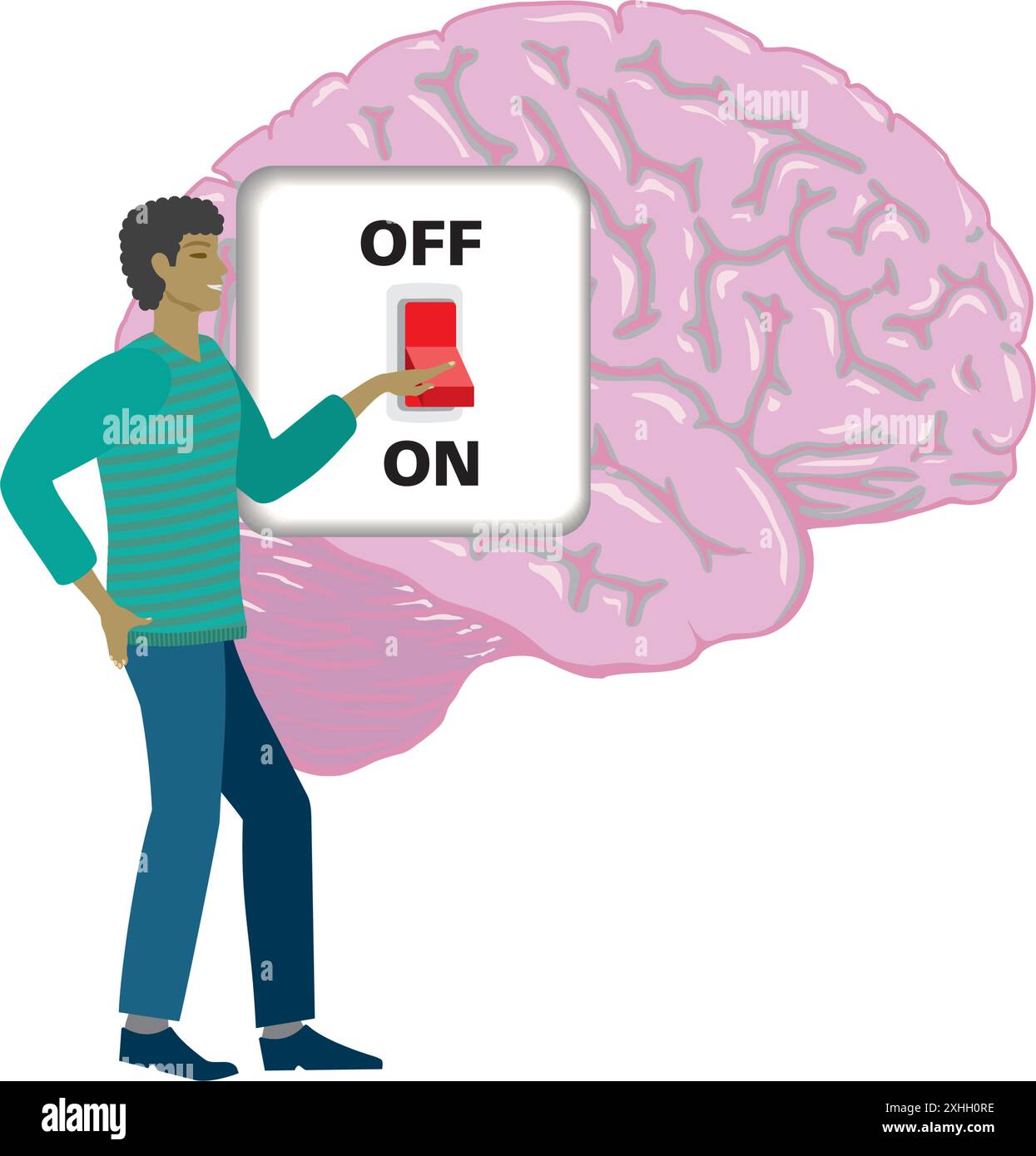 Man turning on brain with electric switch. Vector illustration Stock ...