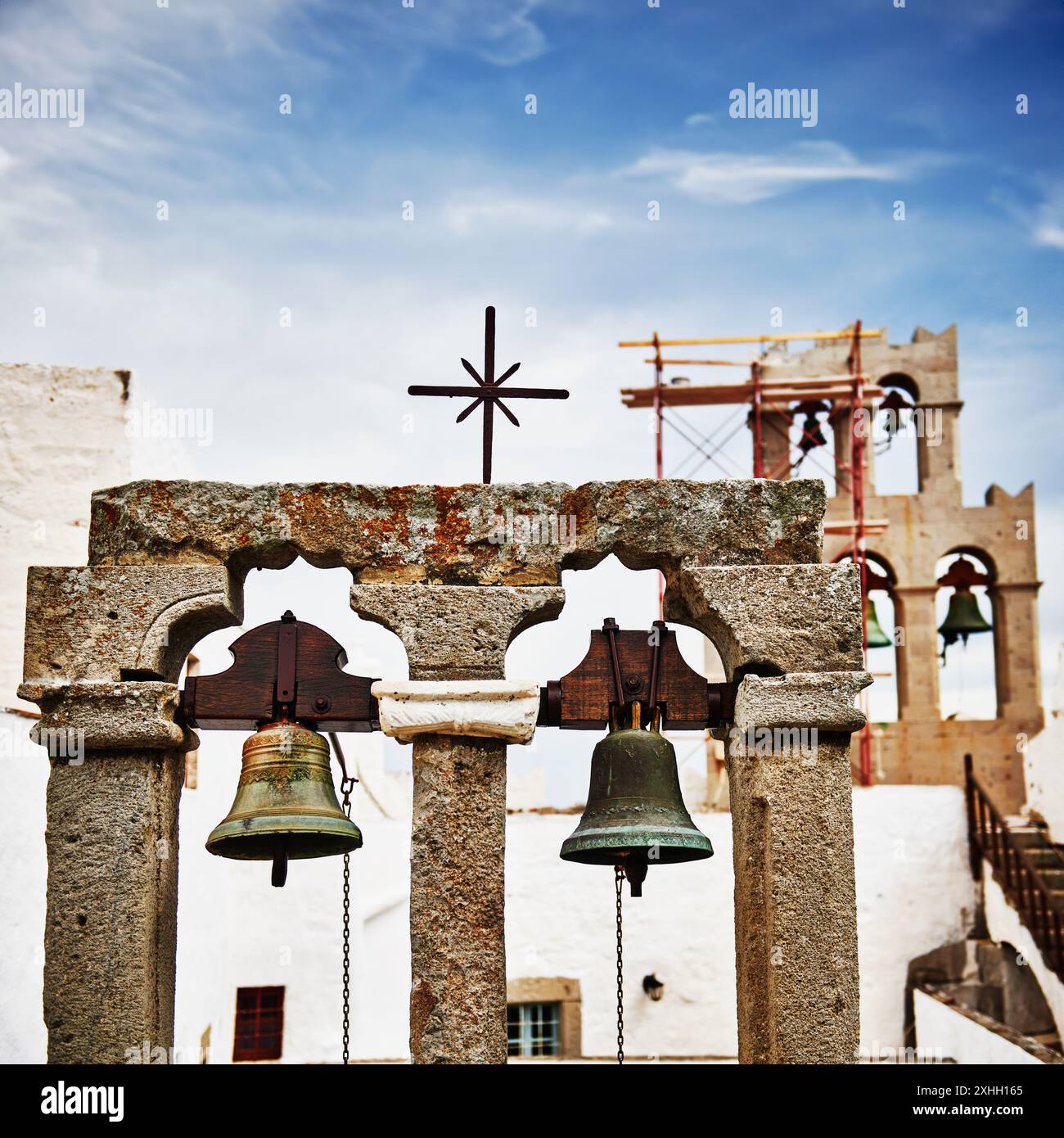 church bell tower of the Monastery Of St. John Hora, Patmos island ...