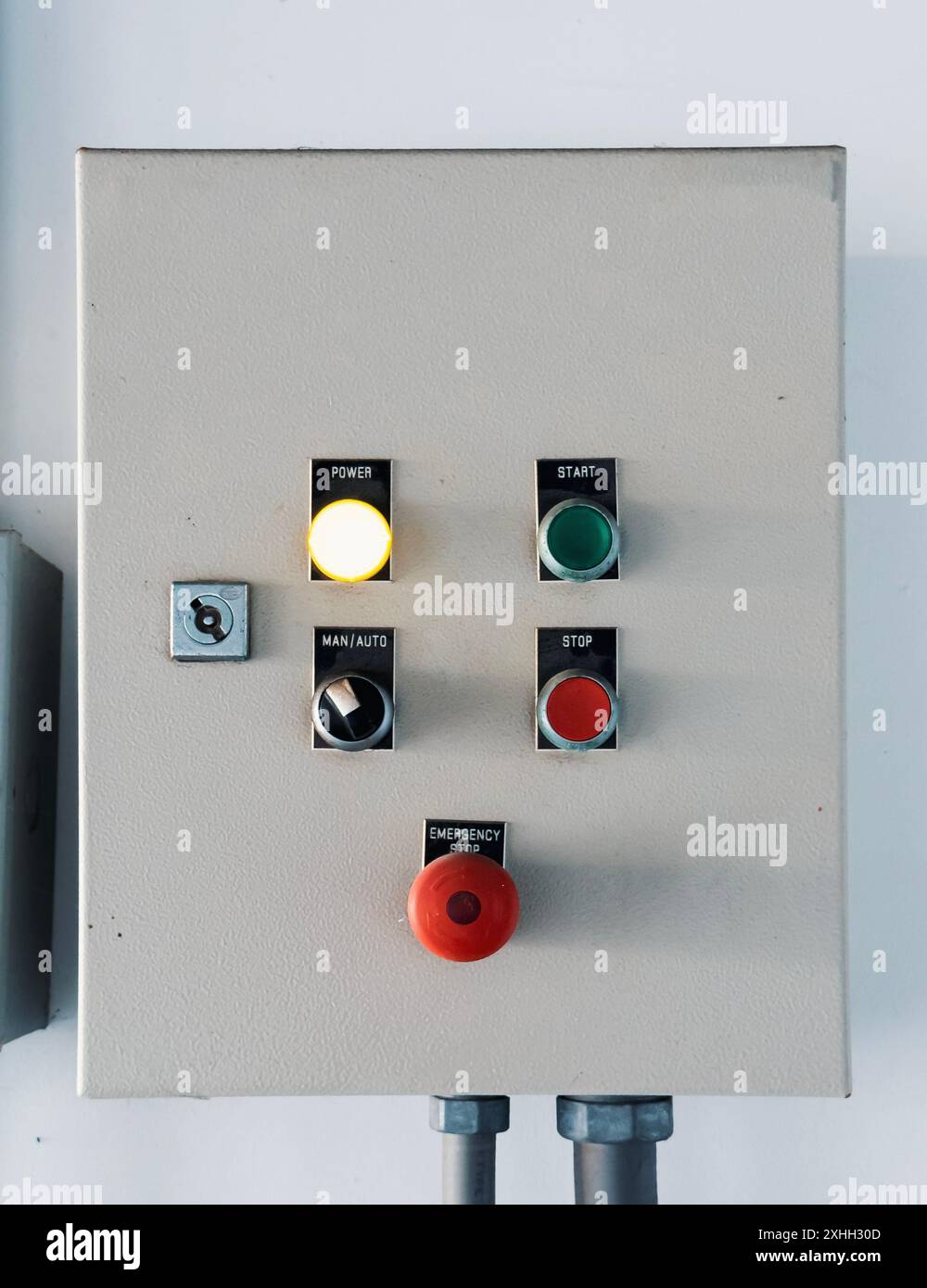 Industrial control panel with start, stop, and emergency buttons Stock ...