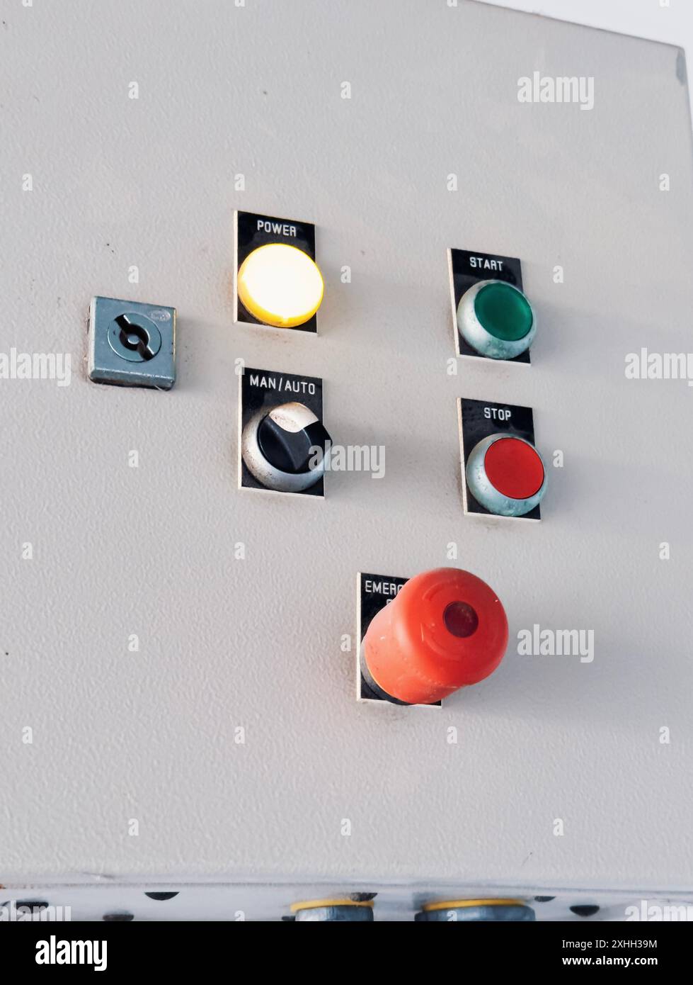 Industrial control panel with start, stop, and emergency buttons Stock ...