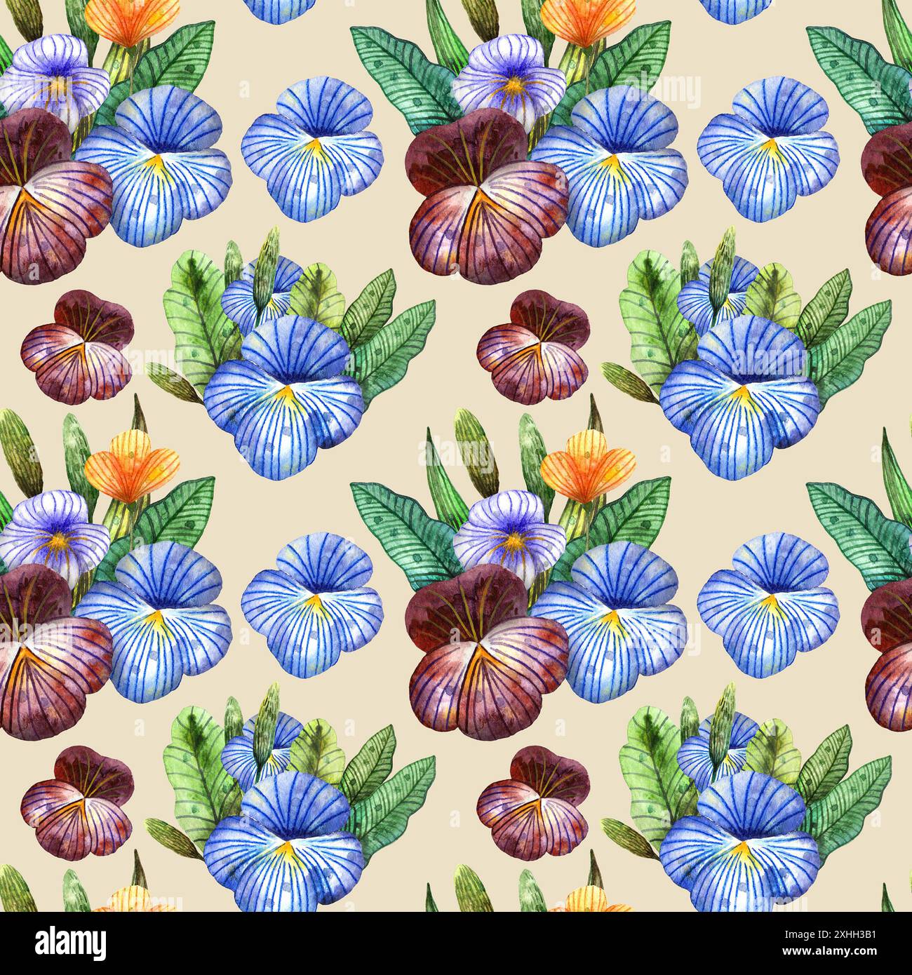 Watercolor wildflowers. Seamless pattern with a lot of pansies on a ...