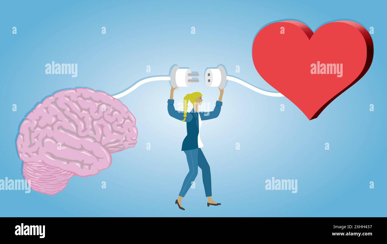Woman connecting brain and heart. Dimension 16:9. Vector illustration ...