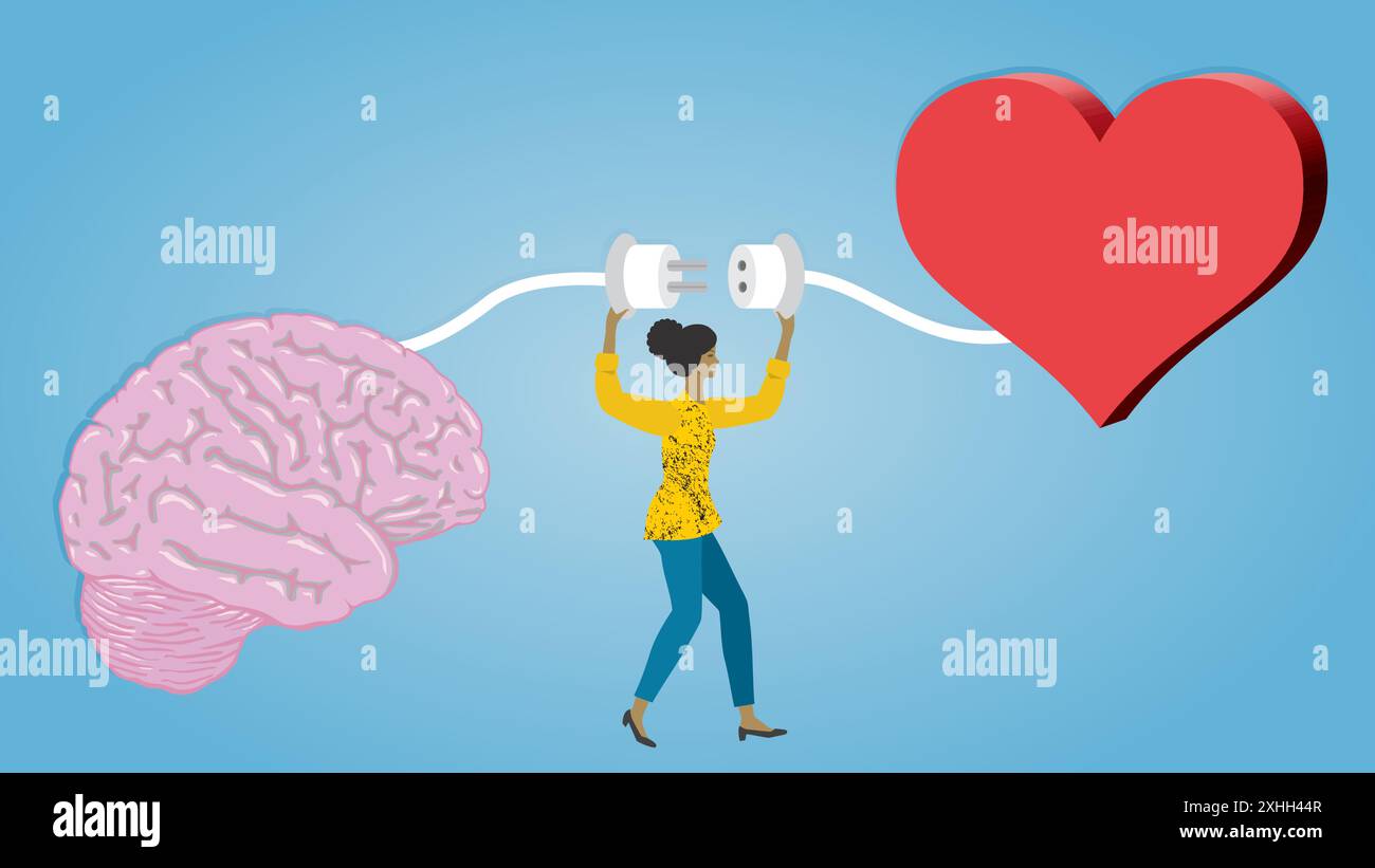 Woman connecting heart with brain. Vector illustration. Dimension 16:9 ...